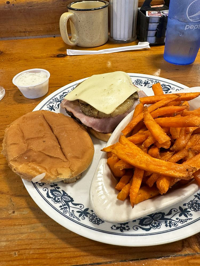 The ham sandwich and sweet potato fries combo proves simplicity still reigns supreme. That melted cheese is doing exactly what it should.