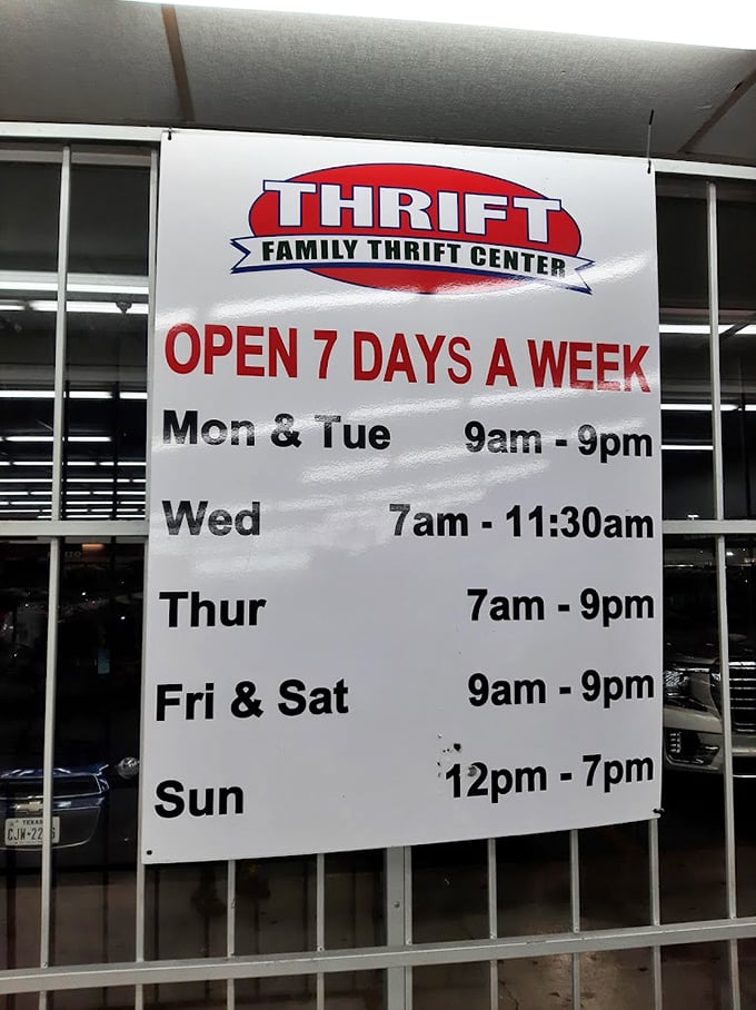 The store hours sign reveals the secret schedule of thrifting success. Wednesday mornings at 7am? That's when the pros arrive.