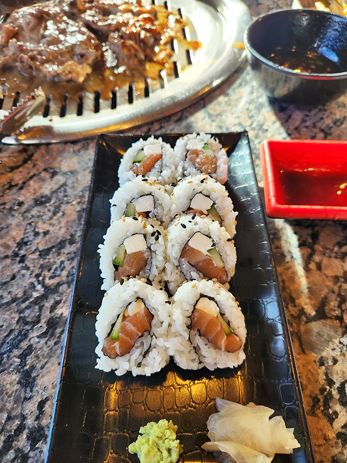 Salmon rolls lined up like edible gemstones&mdash;proof that sometimes the simplest combinations create the most satisfying bites.