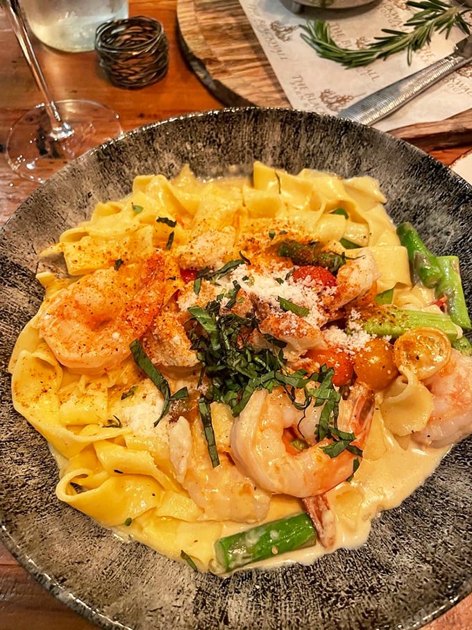 Pasta that celebrates Maryland's seafood heritage&mdash;where shrimp and cream sauce become best friends on a bed of fettuccine.