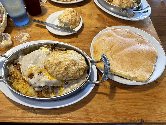 Skillets: where breakfast dreams come true. That biscuit isn't just a side&mdash;it's practically demanding its own Instagram account.