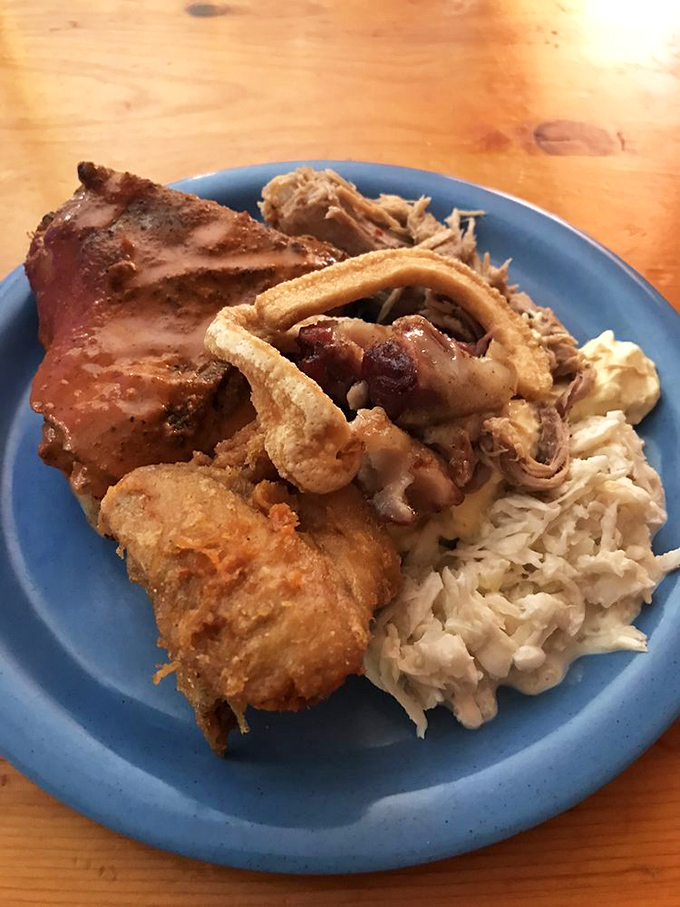 BBQ and chicken coexisting in harmony on a blue plate special. This is the United Nations of comfort food.