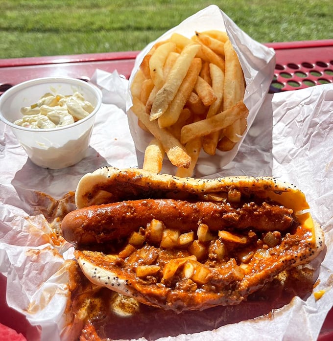 A masterclass in hot dog architecture&mdash;the crisp fries standing at attention beside a chili cheese dog that demands your full attention.