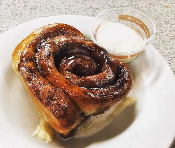 The cinnamon roll arrives like a sweet spiral galaxy on your plate, with frosting gravity pulling you inevitably toward your next bite.