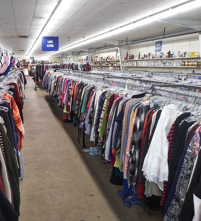 The "Ladies Clothing" section stretches like a rainbow highway of fashion possibilities. Yesterday's trends await their comeback tour.