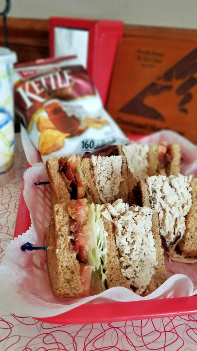 A club sandwich that would make your grandmother proud. Three layers of nostalgia between toasted bread, with chips that crunch like childhood memories.