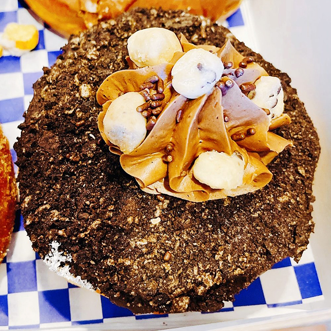 This chocolate creation looks like what would happen if a brownie and a doughnut had a very talented child with artistic tendencies.