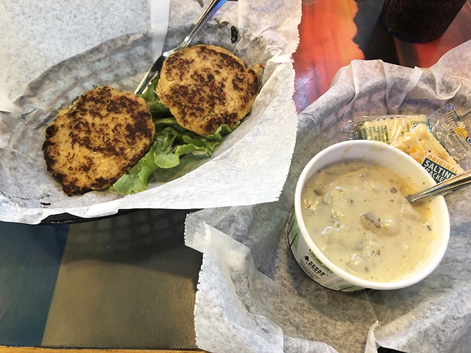 Crab cakes that are actually crab (imagine that!) paired with chowder so creamy it could make New England jealous.