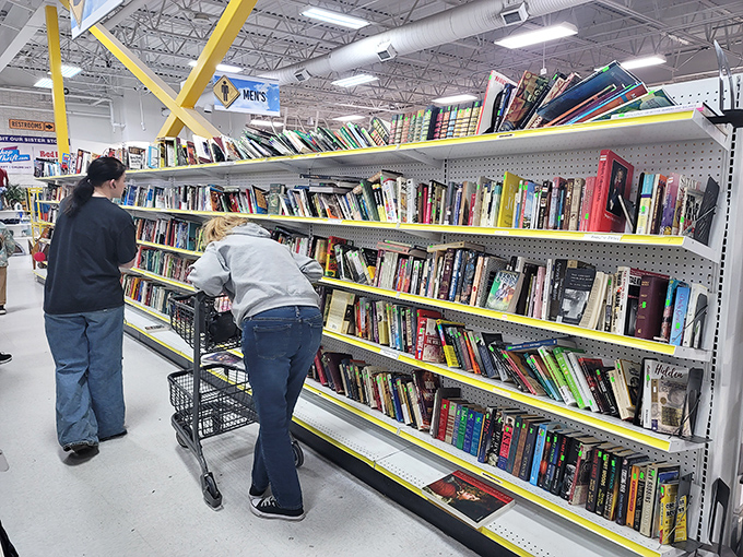 The book section: where literary treasure hunters scan spines with the focus of archaeologists, shopping carts at the ready.