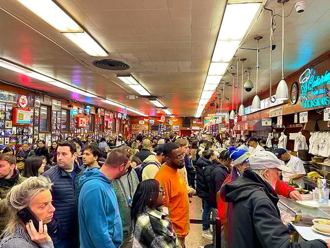 The organized chaos of lunchtime at Katz's. Notice how nobody's looking at their phones? That's what happens when food demands your full attention.