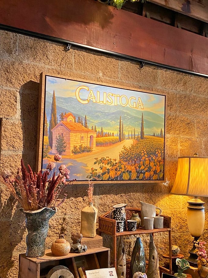 The Calistoga poster isn't just decoration&mdash;it's a promise of California's enduring charm. Dried flowers and warm lighting seal the deal.
