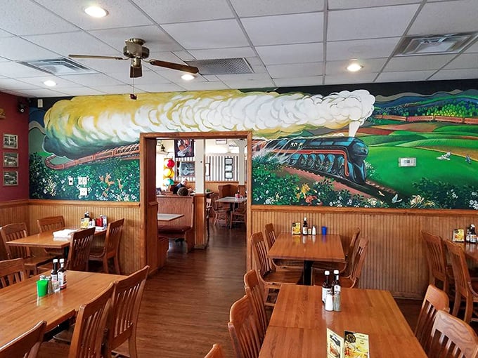 The mural tells Roanoke's railroad story while you feast. It's like dining inside a history book that happens to serve exceptional steaks.