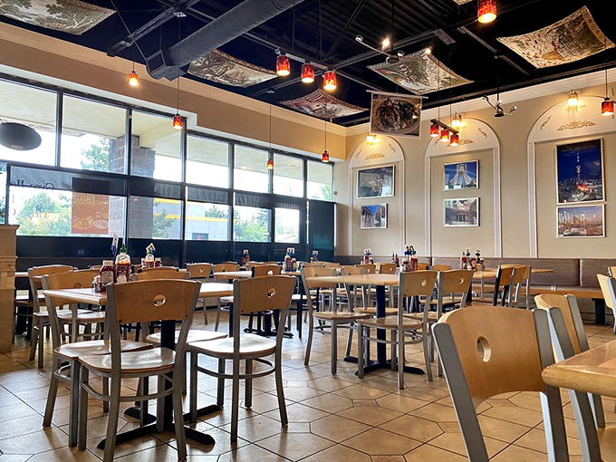 Arched windows, colorful pendant lights, and photos of faraway places. The dining room whispers, "Stay awhile," and your stomach enthusiastically agrees.