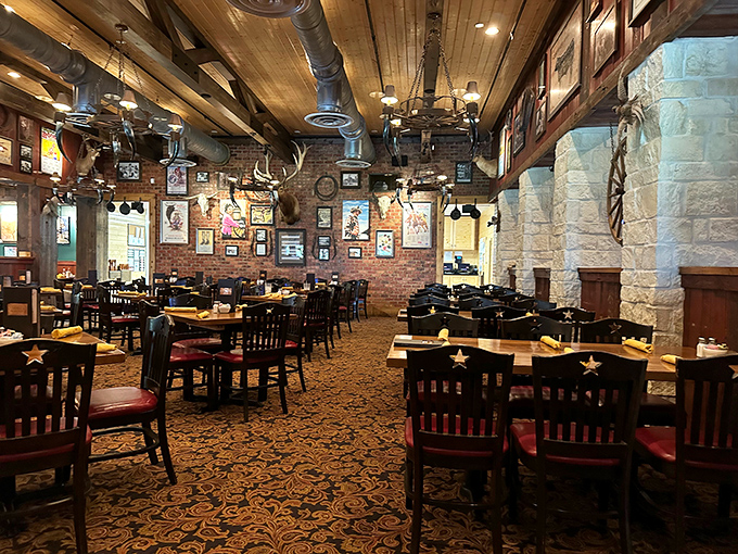 The dining room feels like the great room of a Texas ranch house where John Wayne wouldn't mind hanging his hat.