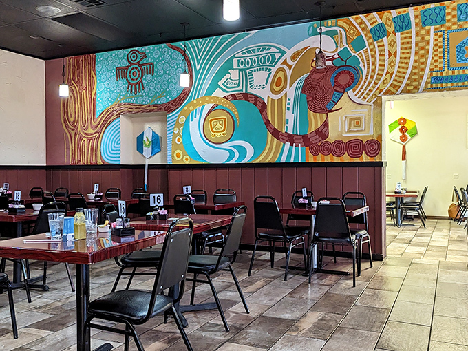 The vibrant mural transforms a simple dining room into a cultural journey&mdash;no boarding pass required.