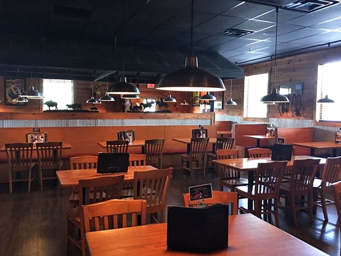 The dining room says "stay awhile" with its honey-colored tables and chairs that have likely witnessed countless celebrations, first dates, and food comas.