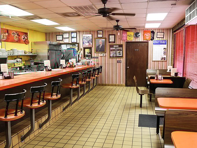Classic diner aesthetics with counter seating that invites solo diners to become part of the breakfast community rather than dining alone.