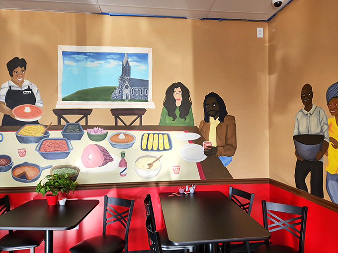 A dining area where the mural tells stories of community and tradition. Simple tables become stages for unforgettable meals and conversations.