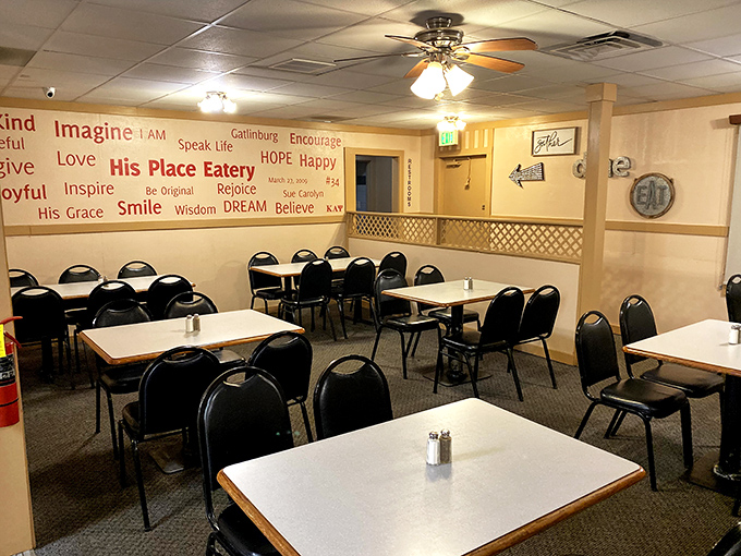 Simple tables, inspiring words on the wall&mdash;this dining room isn't about fancy decor, it's about creating space for food epiphanies.