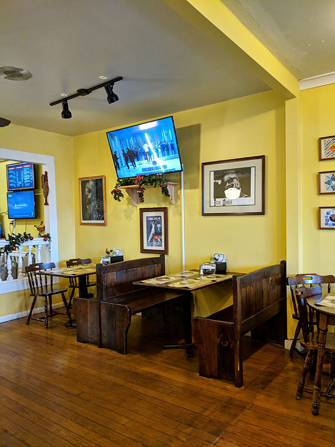 Church pew booths and framed music legends watching over your meal. Like Sunday dinner at your coolest relative's house.