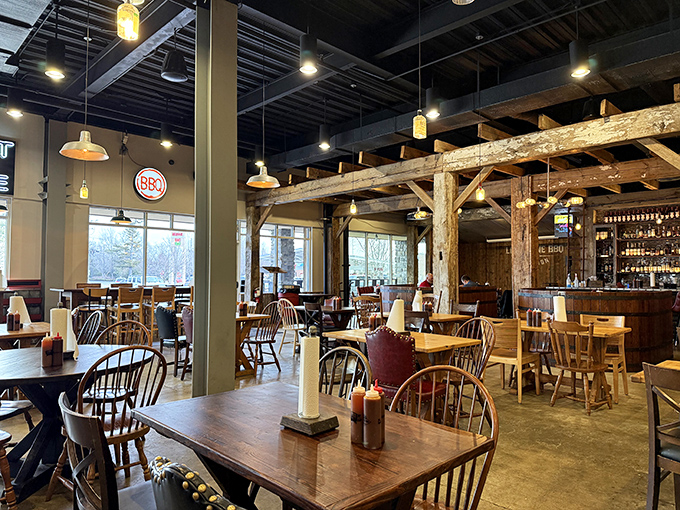 The dining room feels like it was transported from a Texas ranch house&mdash;exposed beams, wooden tables, and enough space to recover between bites.