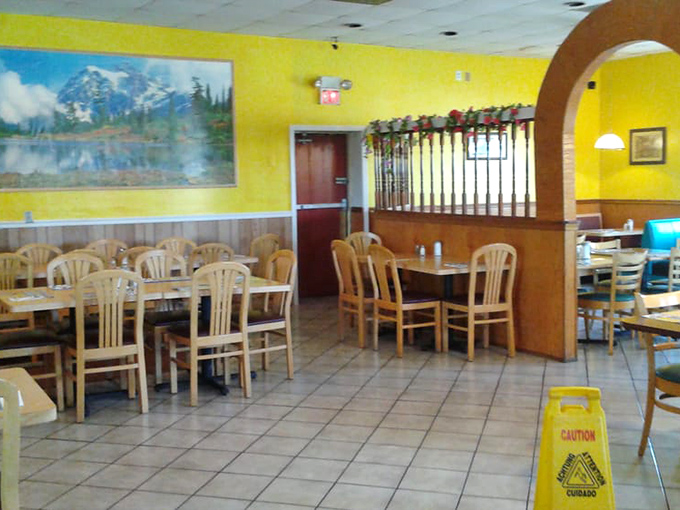 Landscape painting meets comfort food haven&mdash;where the mountain scenery on the wall is only outmatched by the mountains of food on your plate.