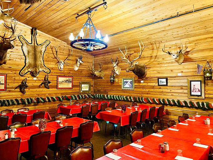 
Red tablecloths beneath trophy mounts create the perfect Western tableau &ndash; where dinner conversations happen under the watchful gaze of former forest residents.