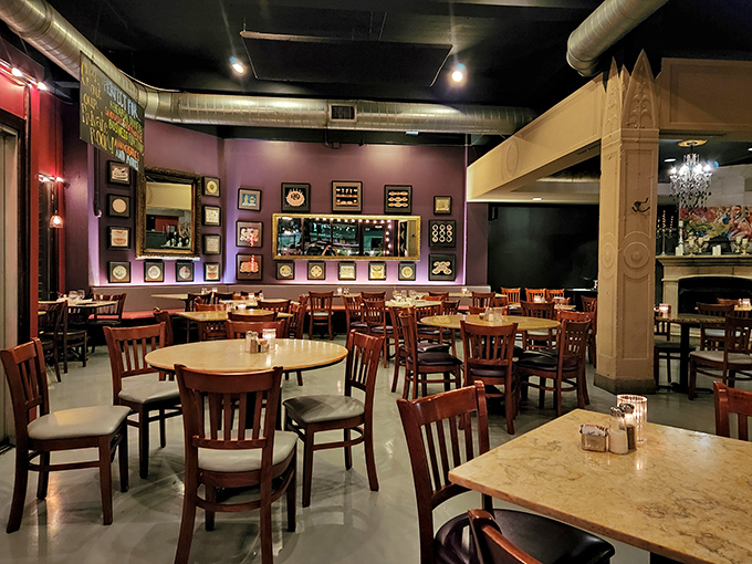 Purple walls and wooden columns create a dining sanctuary where calories don't count and decisions only involve which dessert comes first.