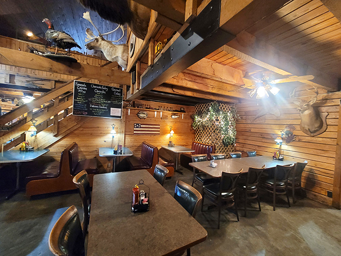 Wooden beams, mounted trophies, and American flags create the dining atmosphere where calories don't count and conversations flow as freely as the gravy.