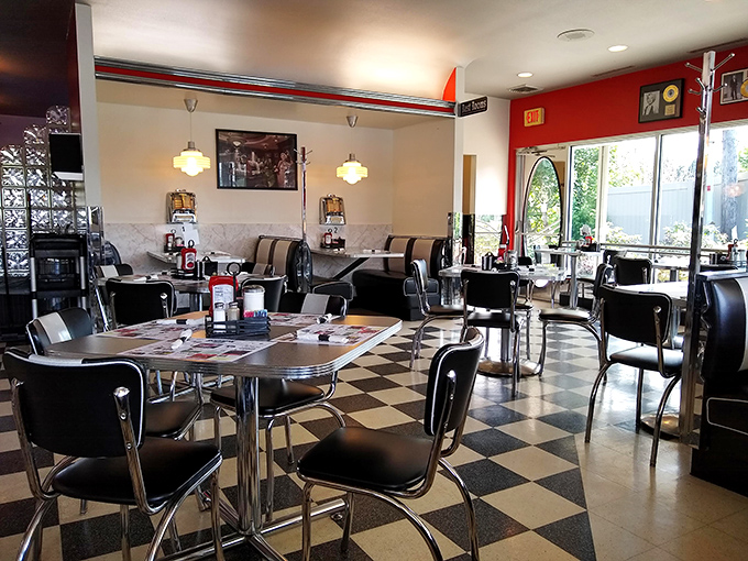 Chrome, vinyl, and unlimited coffee refills&mdash;the diner's dining area is where comfort meets conversation in classic American style. 