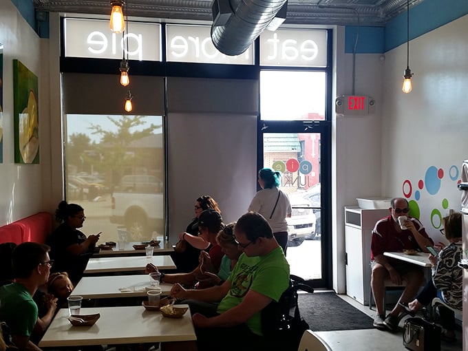 The dining area offers front-row seats to the pie show, where eating becomes a spectator sport worth watching.