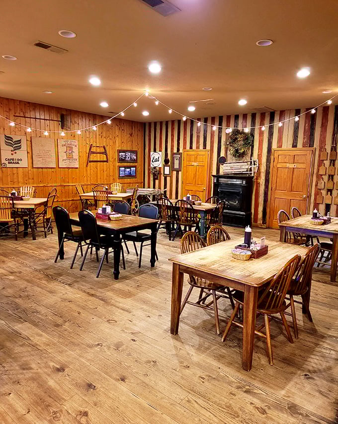 String lights and wooden tables create the kind of dining room that makes you want to linger over that third cup of coffee and plan your mountain adventures.