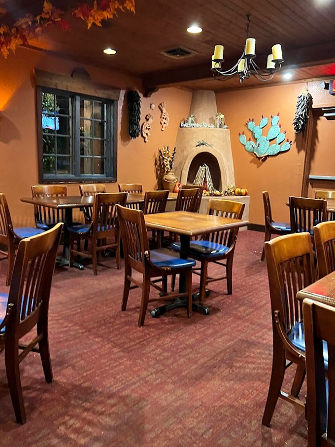 The dining room's papel picado banners add a celebration to every meal, transforming an ordinary Tuesday dinner into a fiesta worth remembering.