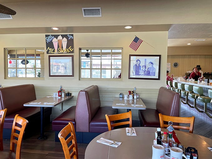 Norman Rockwell would've added this dining room to his portfolio. Classic booths, counter seating, and walls that have heard decades of stories.