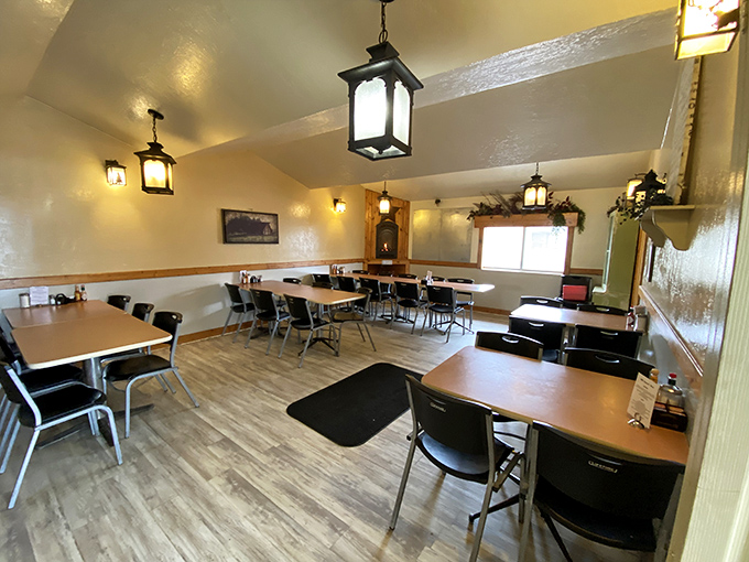 Simple lantern lighting and clean lines in the dining area—because when the food is this good, you don't need fancy distractions.
