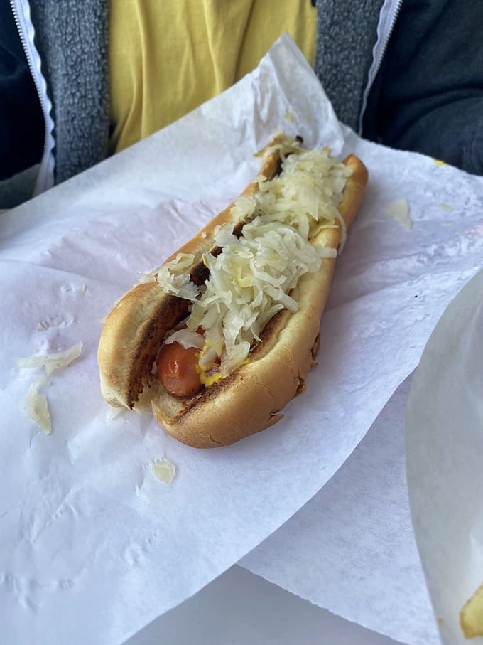 Simplicity is the ultimate sophistication. This hot dog with sauerkraut is the Leonardo da Vinci of lunch options.