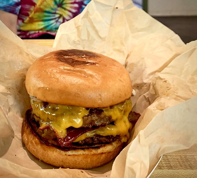 This double bacon burger doesn't just satisfy hunger—it obliterates it. The glistening patties are like meat jewelry for your mouth.