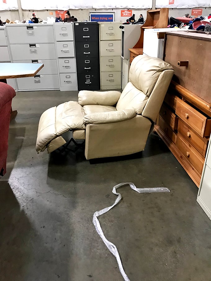 The leather throne awaits its next ruler. At these prices, even a slightly worn recliner transforms from cast-off to castle centerpiece.