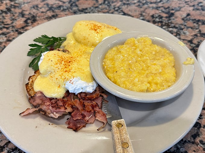 Eggs Benedict reimagined with a Southern drawl. That hollandaise sauce is so velvety it could win a beauty pageant.