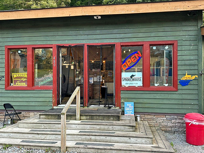 Those red-trimmed windows and doors aren't just entrances&mdash;they're invitations to a smokehouse experience that'll haunt your taste memories for years.