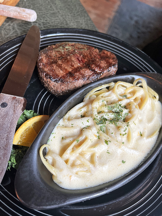 The filet sits there like it knows something you don't, while the pasta waits patiently in its creamy bath. A dynamic duo.