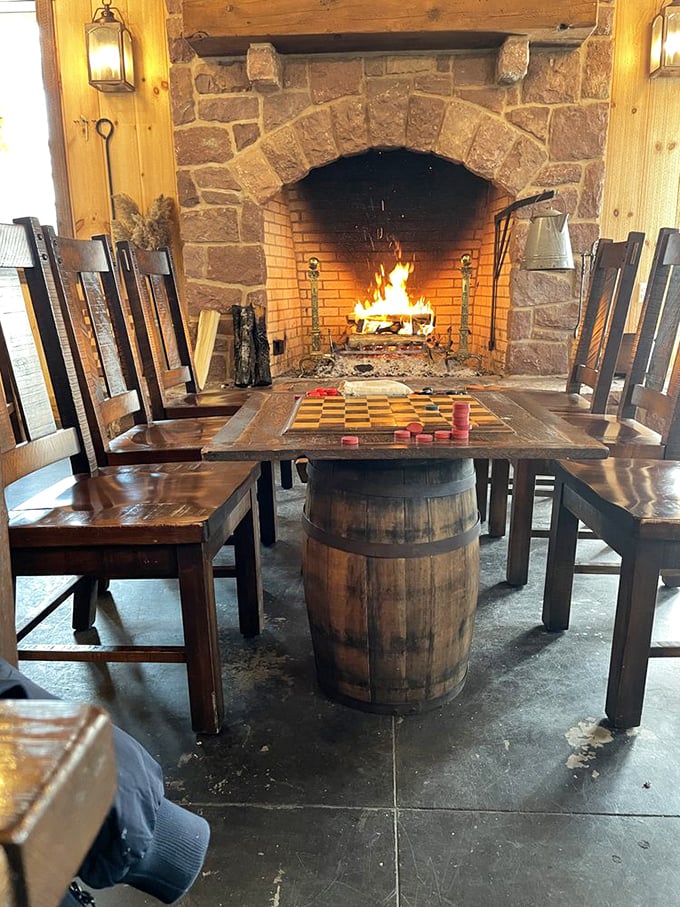 The stone fireplace creates barbecue ambiance so perfect you'll swear the meat tastes better when you're sitting near its crackling warmth.