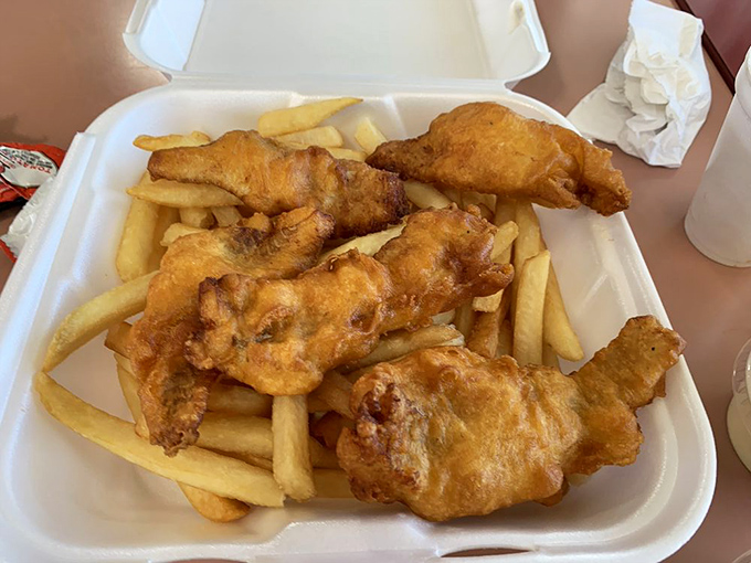 Golden-battered fish and perfectly cooked fries – the kind that would make a British pub-goer weep with joy and homesickness simultaneously.