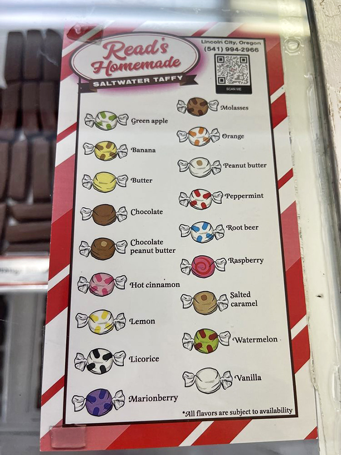 The flavor menu reads like poetry for your mouth: from classics like vanilla to wildcards like marionberry, each illustrated taffy promises its own sweet story.