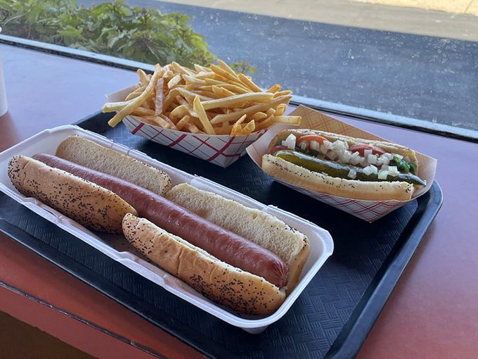 The footlong stretches toward the horizon like a meaty road to paradise. Those fries aren't sides; they're co-stars in this lunchtime drama.