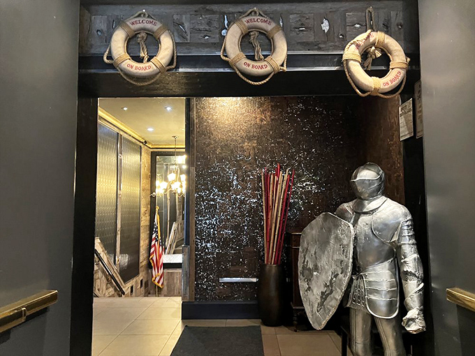 Life preservers announcing "WELCOME ON BOARD" set the nautical tone, while that knight in armor stands guard over your seafood feast.