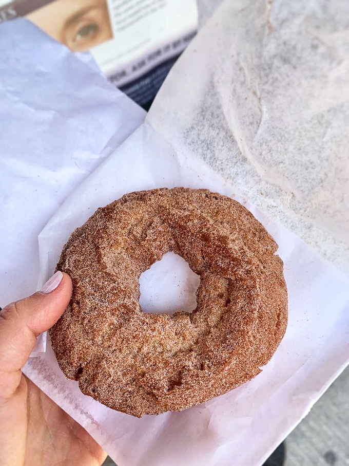 Cinnamon and sugar create a sparkly armor around this cake donut. Like edible chainmail protecting a castle of flavor.