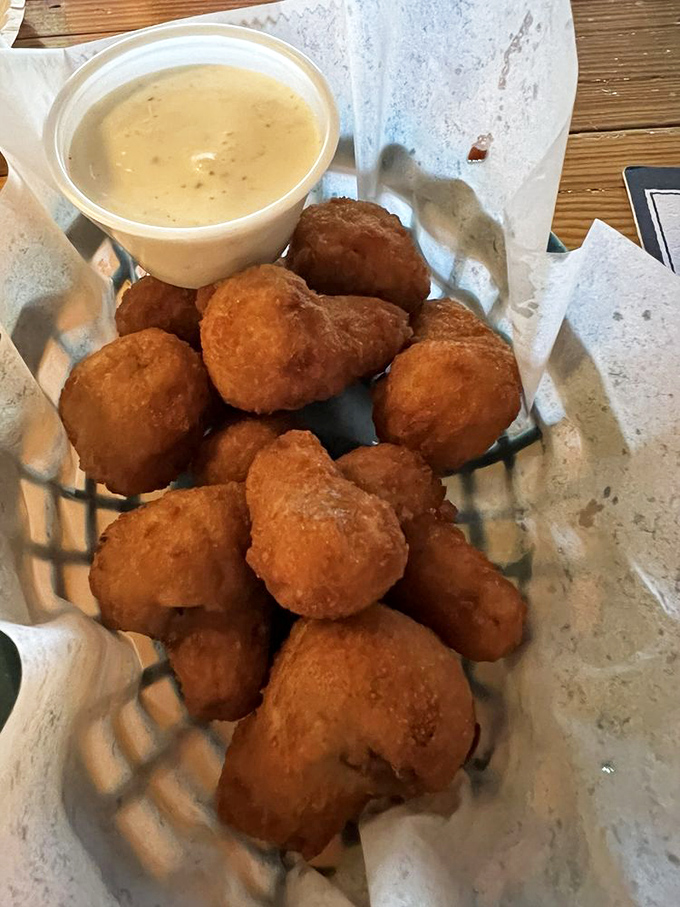 Golden-fried mushrooms that crunch like nature's popcorn, paired with a dipping sauce that makes sharing a moral dilemma.