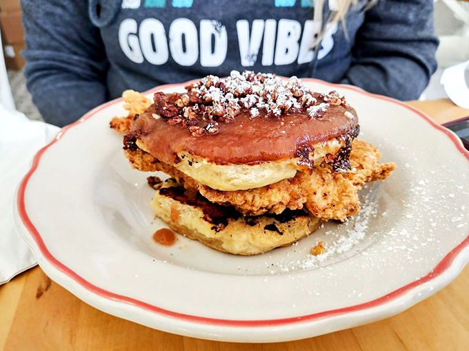 This towering creation isn't just a chicken sandwich—it's an architectural marvel with crispy chicken as its foundation.