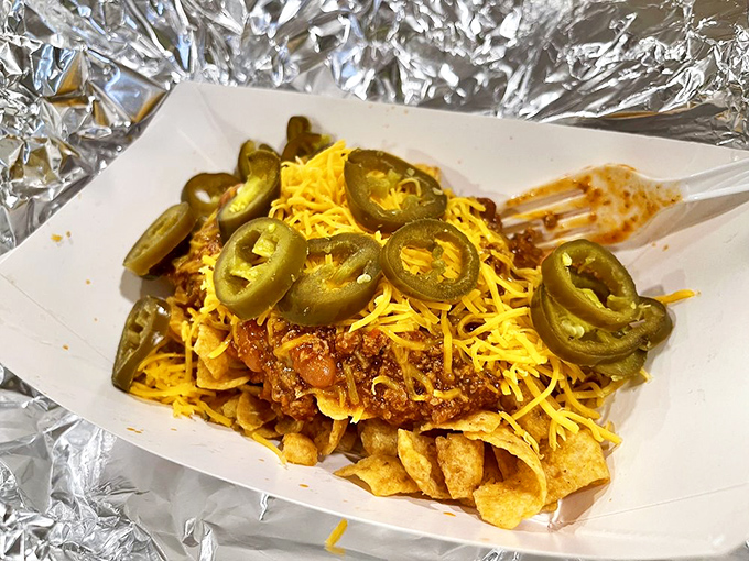 Frito pie that doesn't need fancy presentation to win your heart&mdash;just melty cheese, spicy jalape&ntilde;os, and the perfect ratio of chili to crunch.
